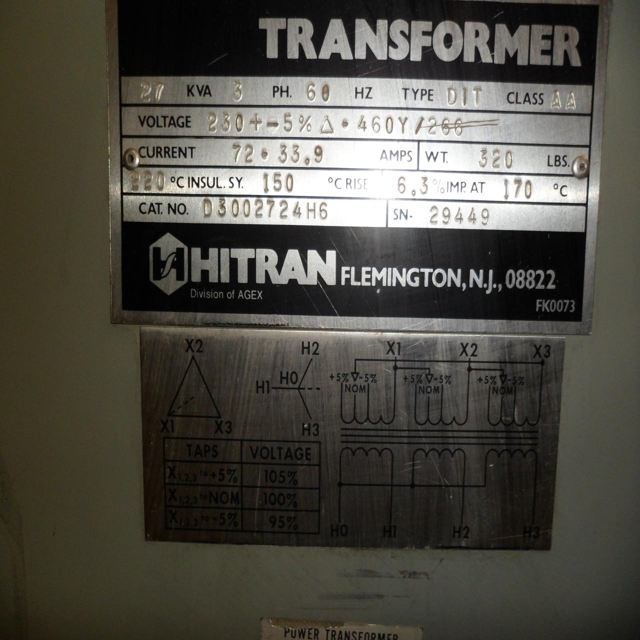 Lot #19: Transformer, (1) Hitran transformer – 60Hz, 3p, type DIT ...
